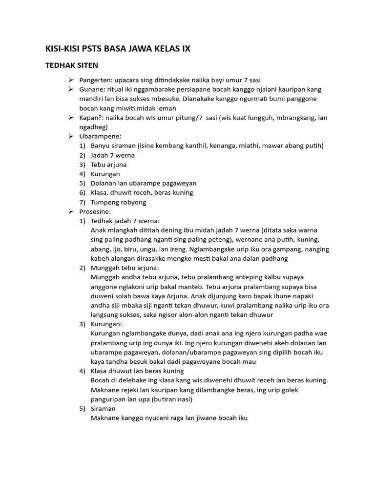 Kisi-Kisi Psts Basa Jawa Kelas Ix: Tedhak Siten | PDF