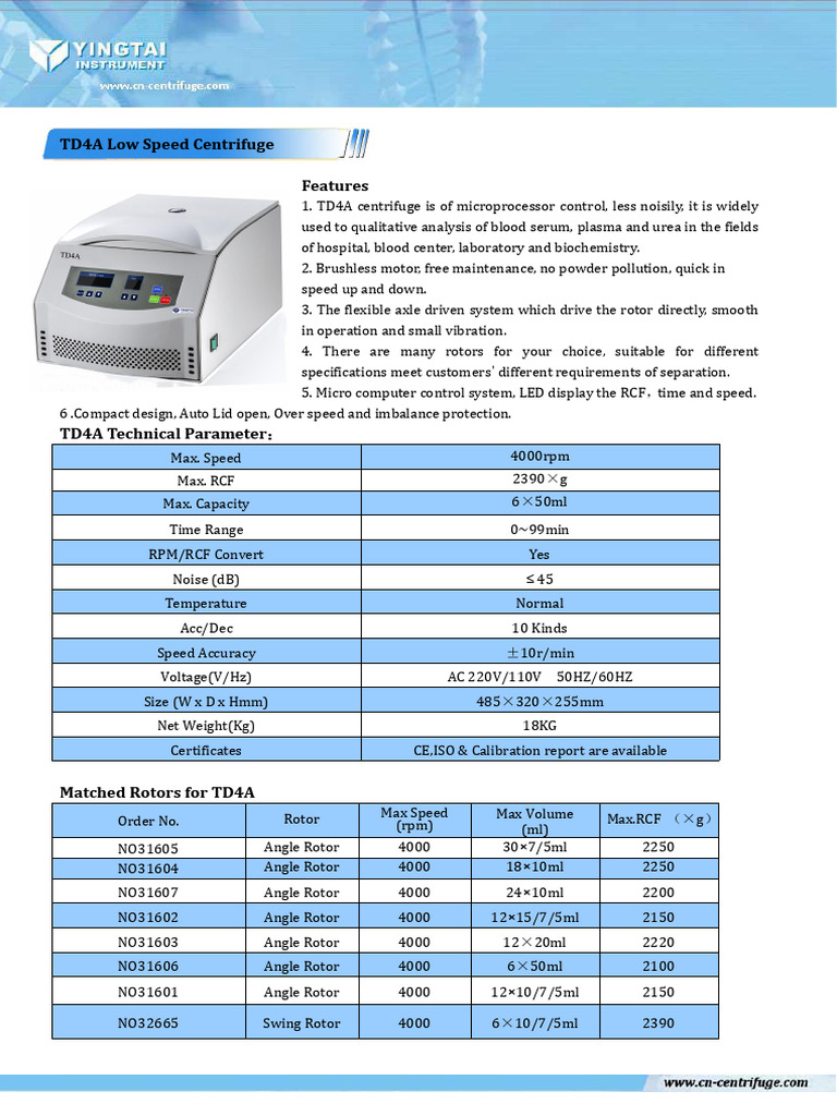 1 - Brochure of TD4A Centrifuge | PDF | Centrifuge | Electricity