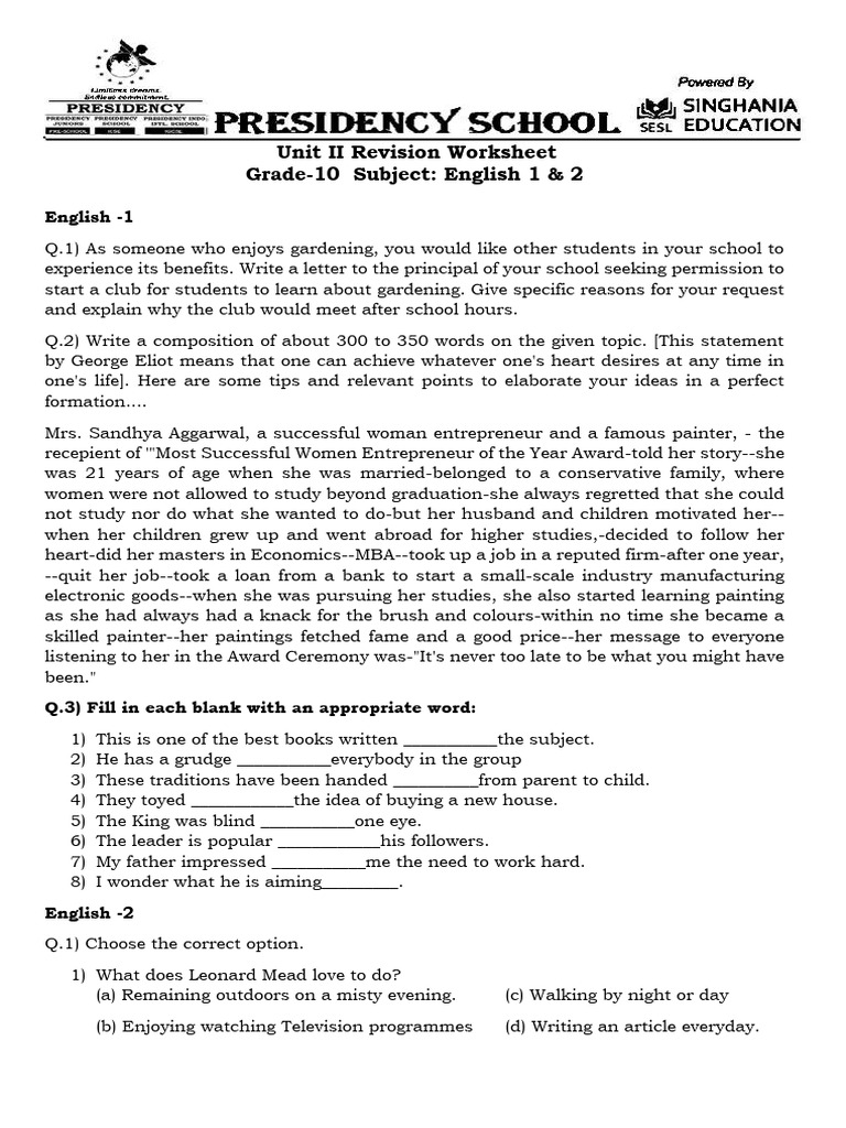 Grade 10 English 1 & 2 Worksheet | PDF