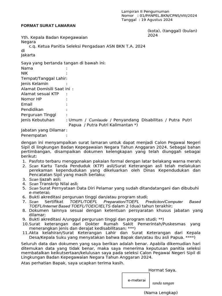 Format Surat Lamaran CPNS 2024 | PDF