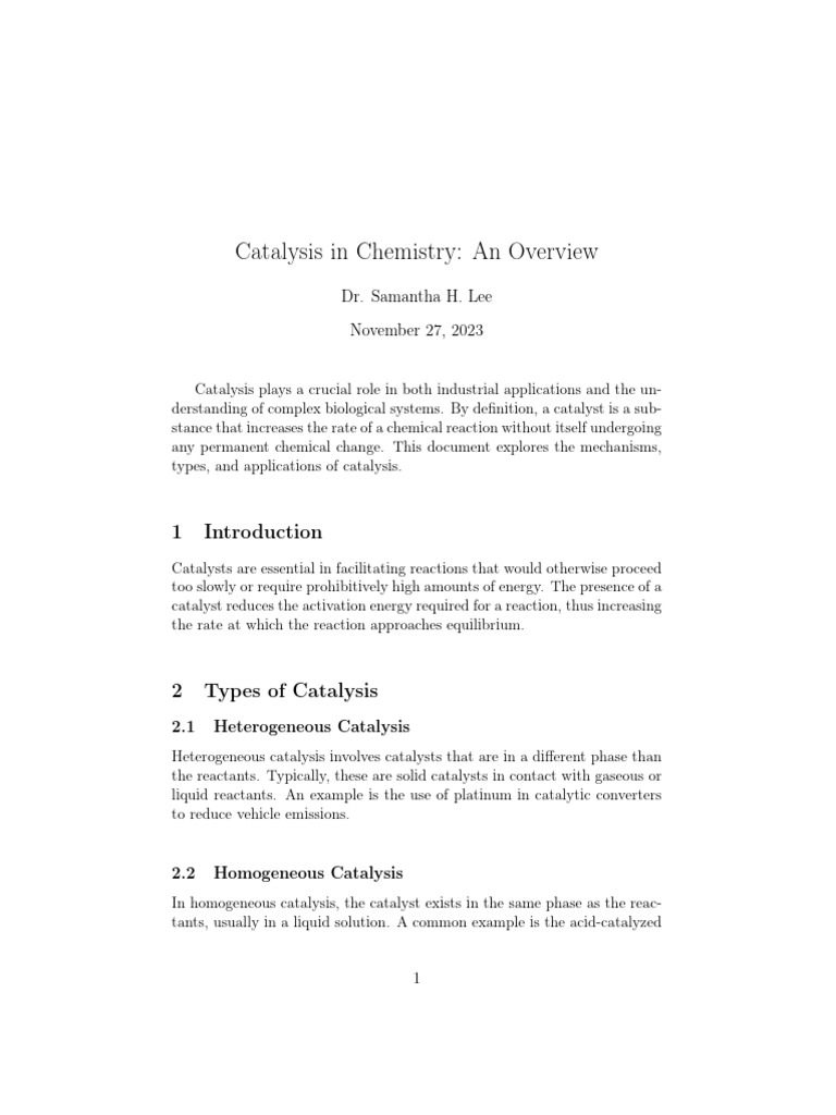 Catalysis in Chemistry: An Overview | PDF