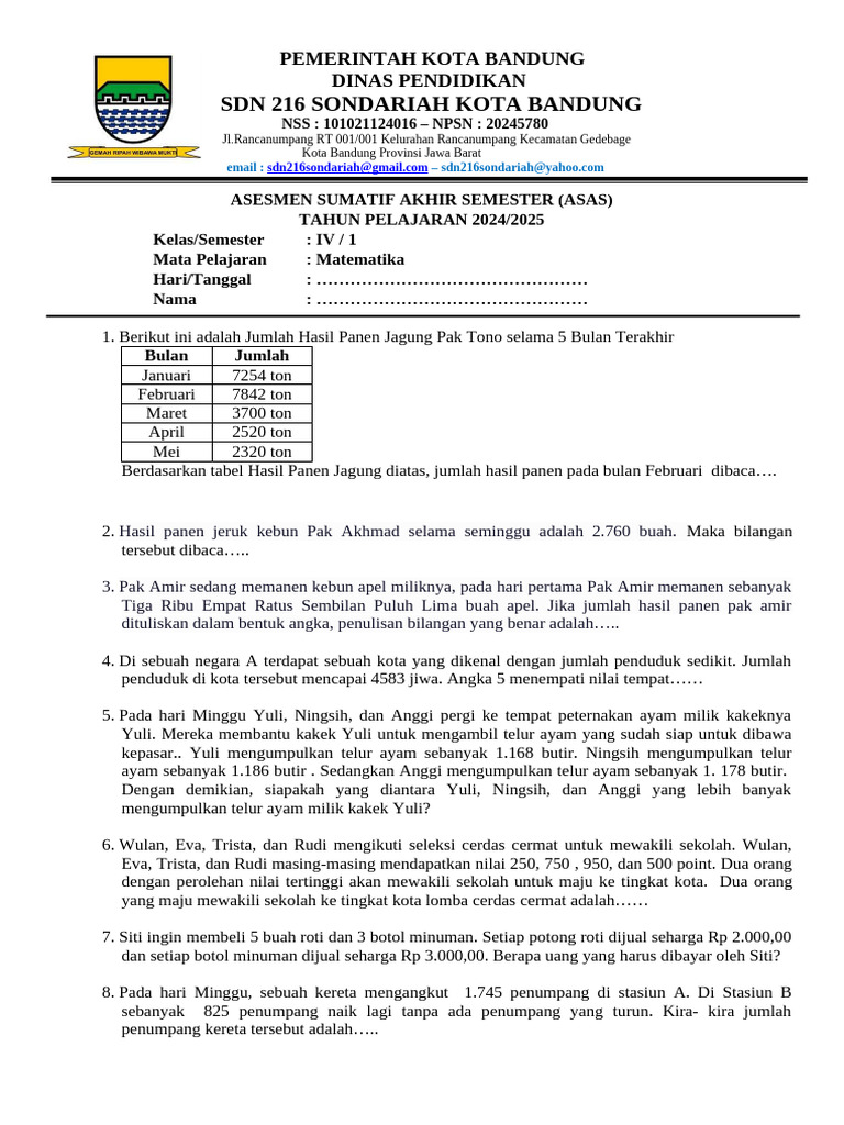 Soal Matematika Kelas Iv Semester 1 | PDF