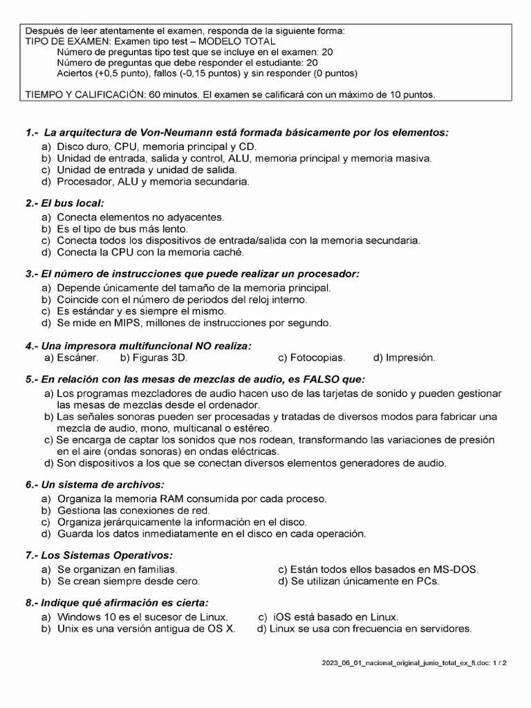 Examen Fundamentos Informatica UNED 2023 Junio | PDF