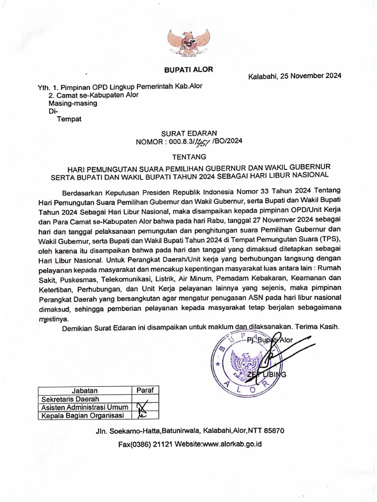 Surat Edaran Tentang Hari Pemungutan Suara Pemilihan Gubernur Dan Wakil Gubernur Serta Bupati ...