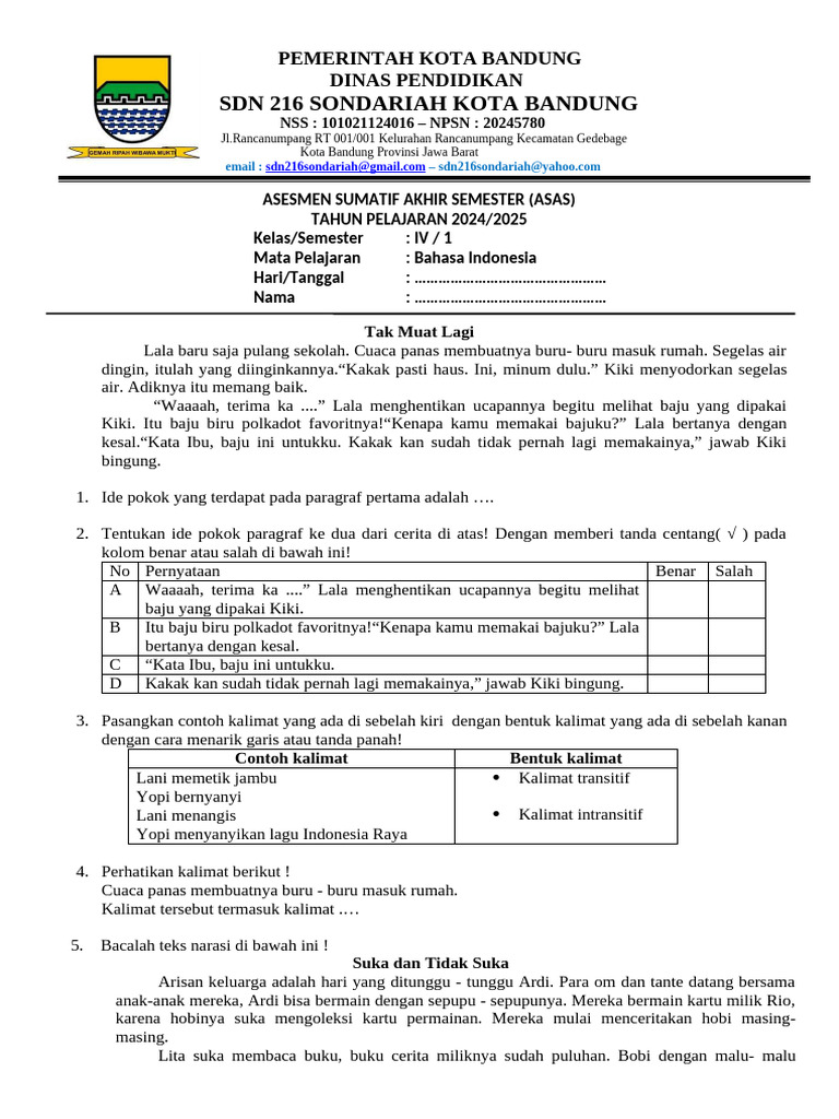Soal Bahasa Indonesia Kelas IV Semester 1 | PDF