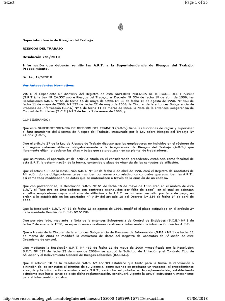 Res 741 - 2010 Riesgos Del Trab - Inf A Remitir Las ARTs - Relevamineto de Riesgos | PDF ...