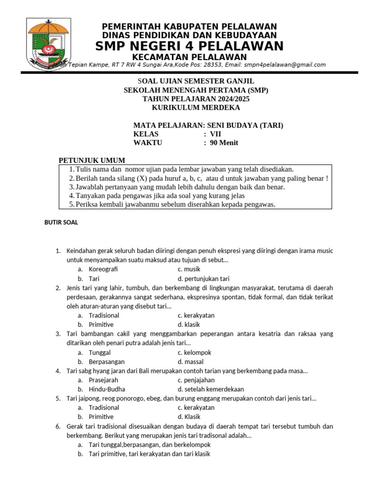 Soal Seni Tari Kelas 7 Sem 1 | PDF