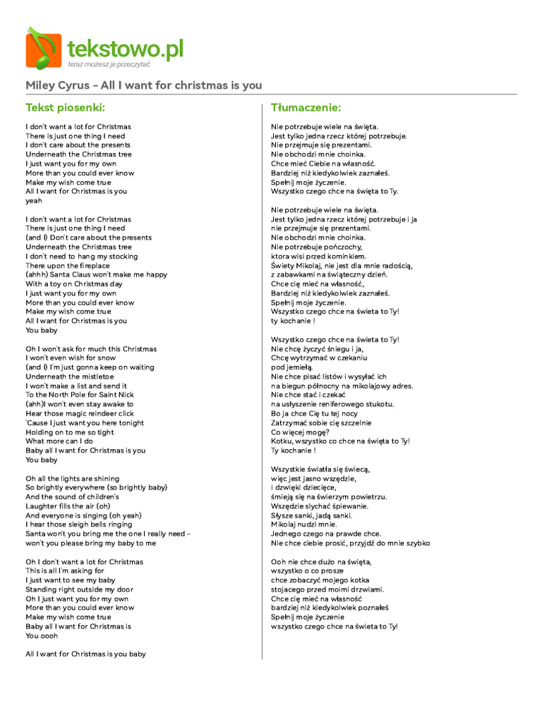 Miley Cyrus All I Want For Christmas Is You Tekst I T umaczenie