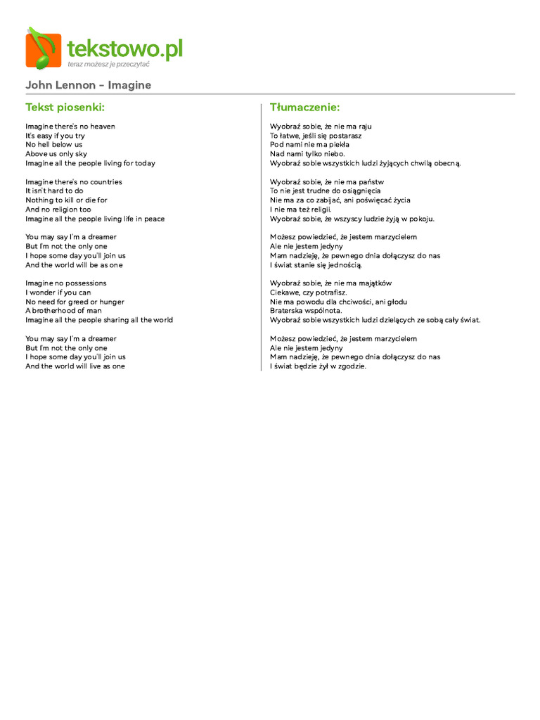 John Lennon - Imagine - Tekst I Tłumaczenie Piosenki Na Tekstowo - PL | PDF