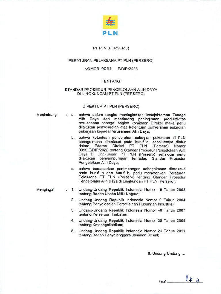 Edir PLN 0055.E - Dir - 2023 - Pengelolaan Alih Daya PLN | PDF
