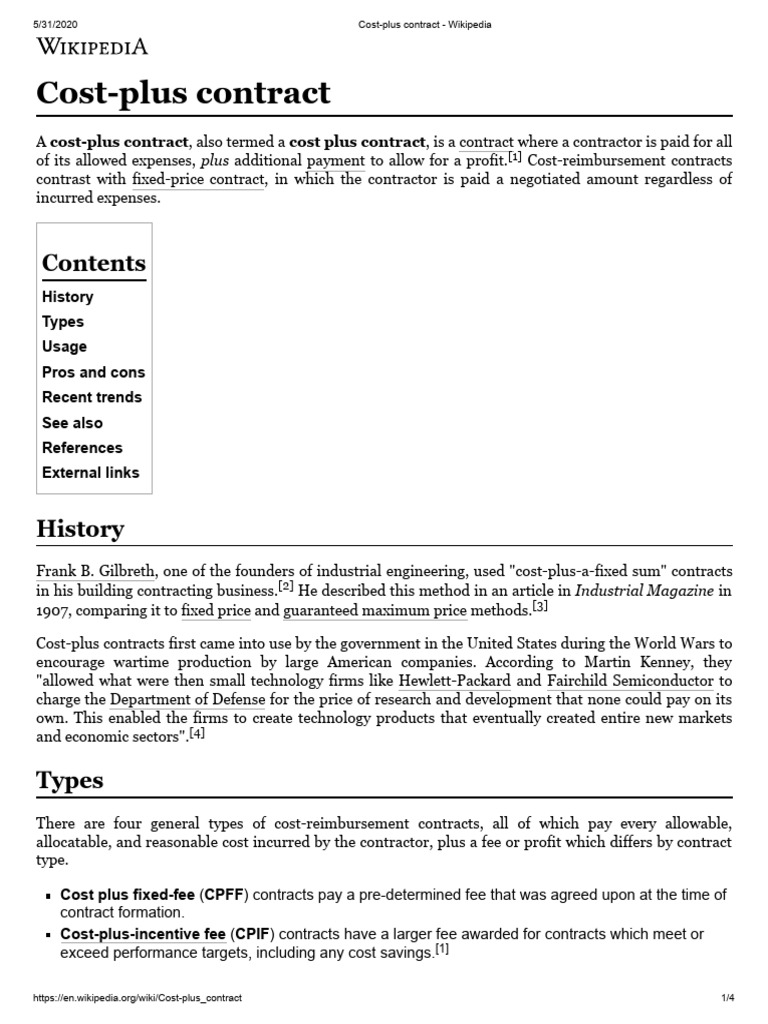 Cost-Plus Contract - Wikipedia | PDF | Pricing | Business
