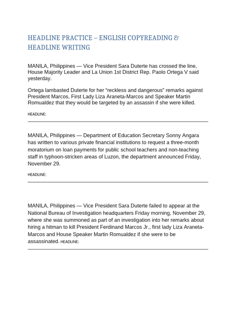 Headline Practice 2 | PDF