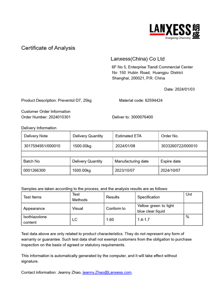 Preventol D7 COA EN New | PDF