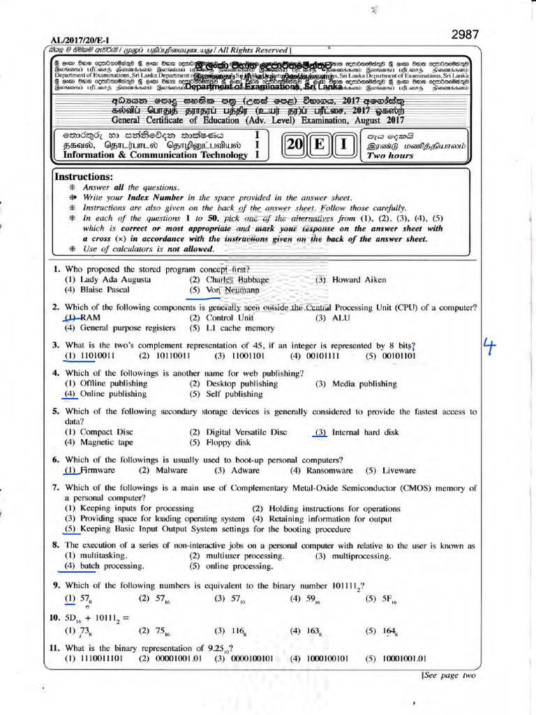 2017 A/L ICT Past Paper Questions | PDF | Computer Data Storage ...