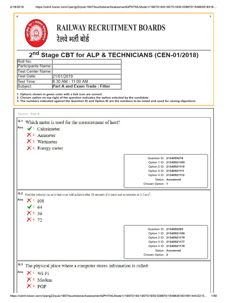 RRB AlpTech CBT 2 Paper With Official Answer Key Trade Fitter Date 21-1 ...