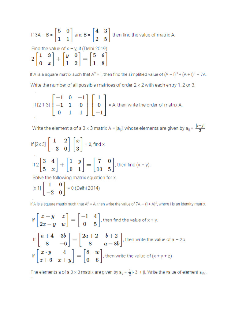 Matrices Work Sheet | PDF