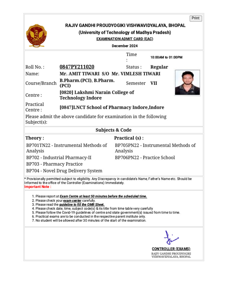 Admit Card 020 | PDF | Pharmaceutical Sciences | Pharmacy