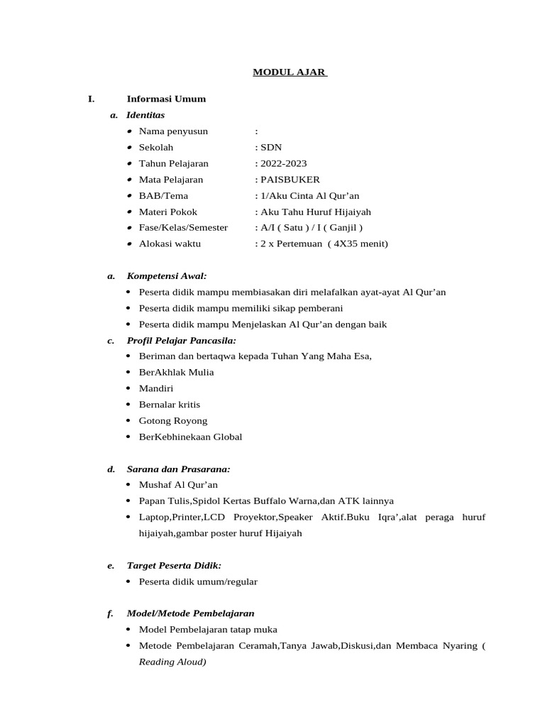 Modul Pembelajaran Huruf Hijaiyah | PDF