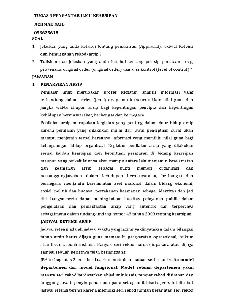 Tugas 3 Pengantar Ilmu Kearsipan Achmad Said 053625618 | PDF