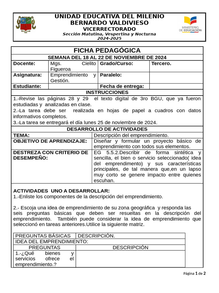 3ro. Bgu-Formato Ficha Pedagógica | PDF | Iniciativa empresarial | Aprendizaje