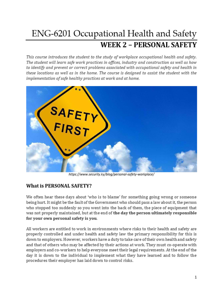 Week 2 - Pesonal Safety | PDF | Occupational Safety And Health | Safety