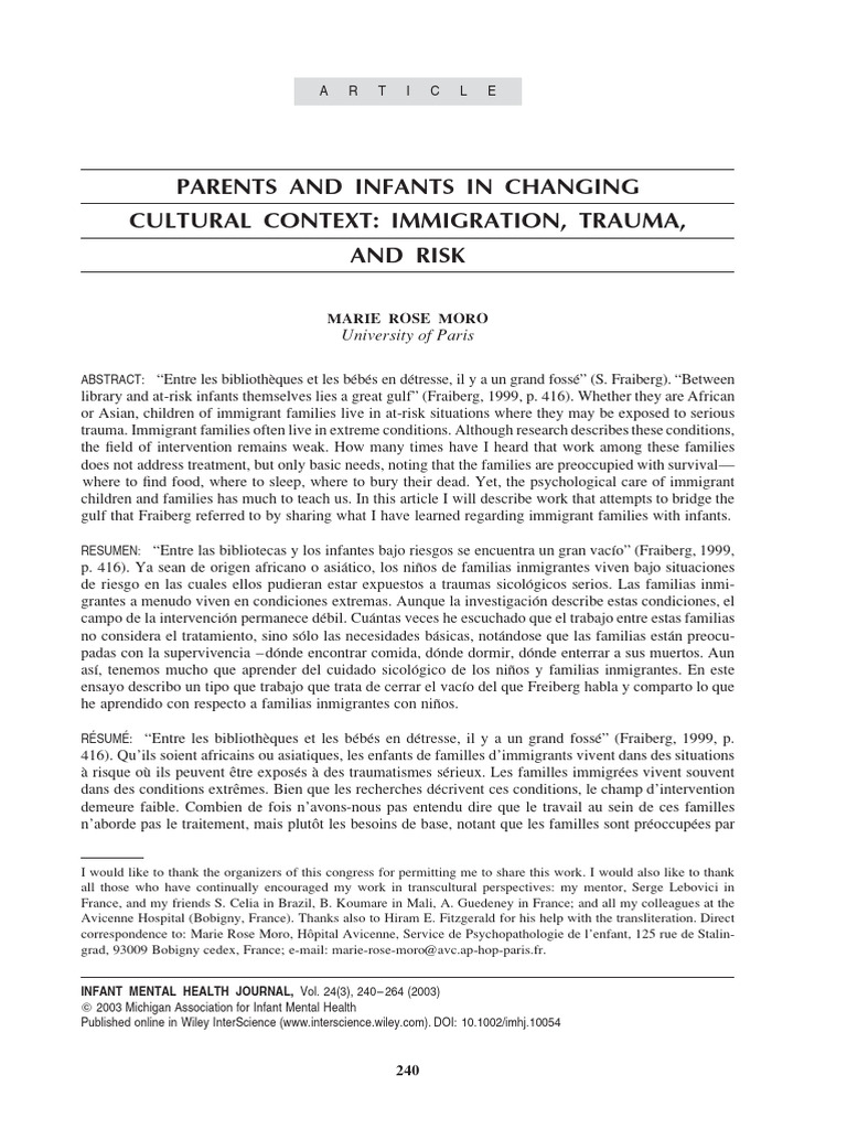 Moro (2003) Parents and Infants in Changing Cultural Context - Imigration, Trauma and Risk | PDF ...