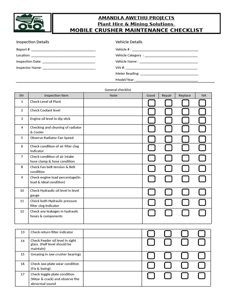 Mobile Crusher Check List Form PDF | PDF | Lubricant | Manufactured Goods