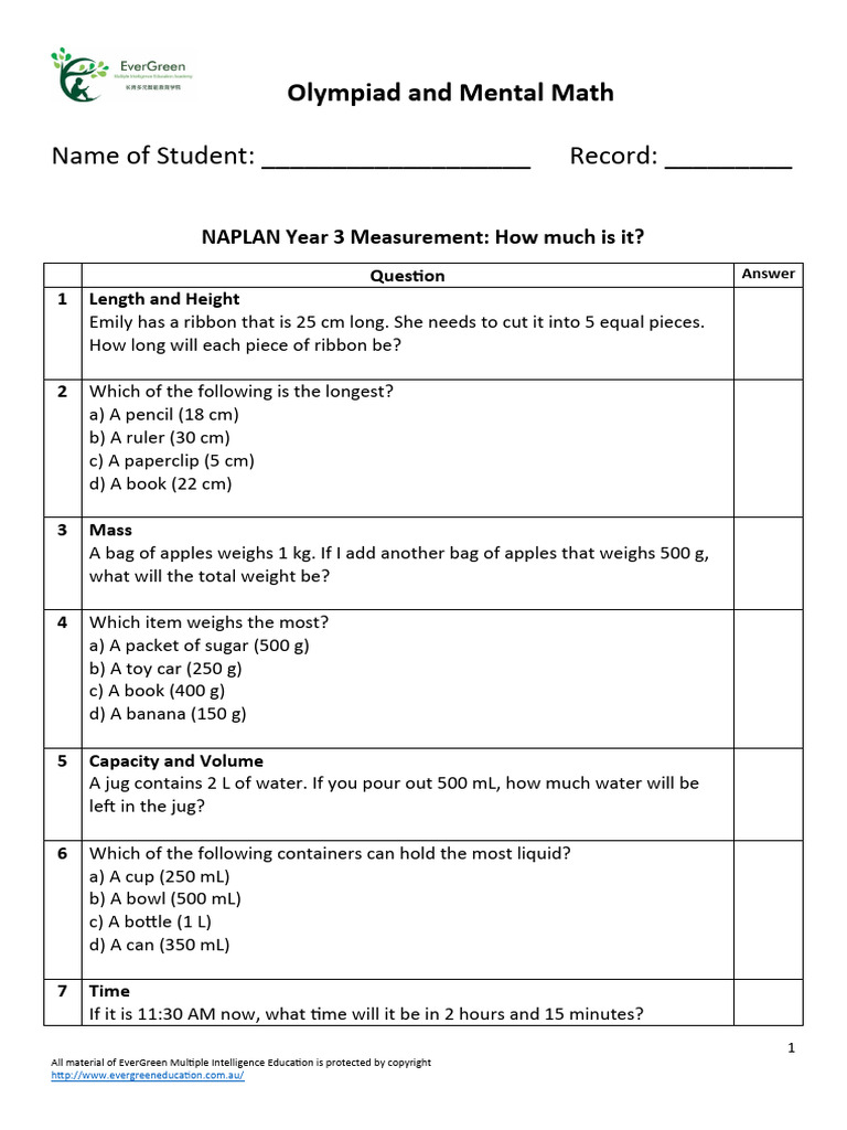 NAPLAN Year 3 Measurement How Much Is It | PDF | Kilogram | Volume