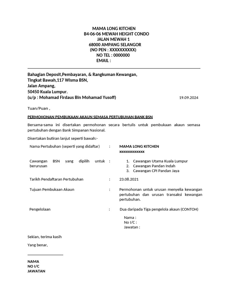 CTH Surat Pembukaan Akaun Syarikat | PDF