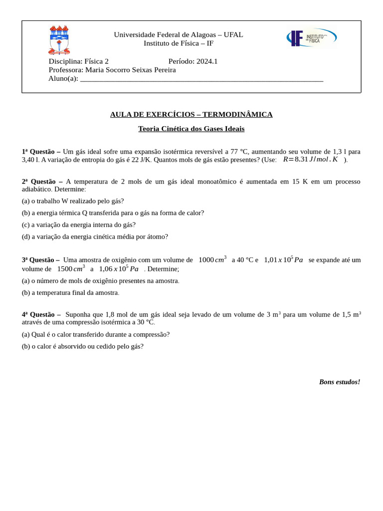 Lista Termodinamica Gases Ideais | PDF