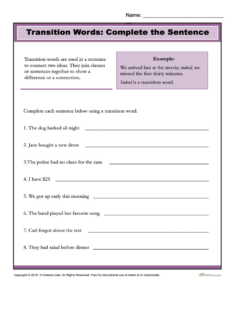Transition Words Complete The Sentence | PDF