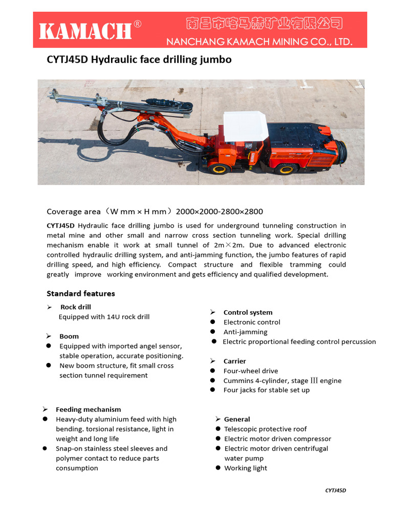 KAMACH CYTJ45D Hydraulic Face Drilling Jumbo 2m×2m Tunnel | PDF | Pump | Drill