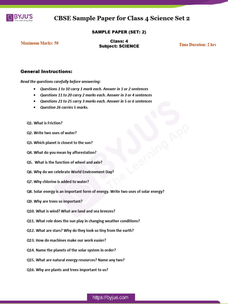 Class 4 Science Sample Question Paper | PDF