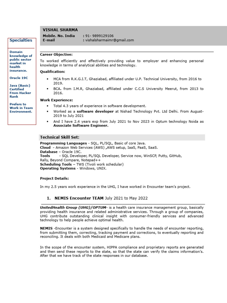 Vishal CV | PDF | Databases | Sql