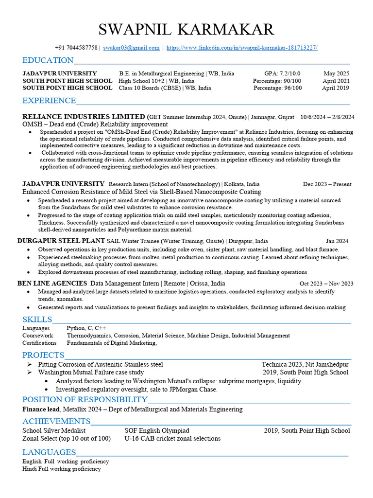MME - Swapnil Karmakar - Resume PDF | PDF | Nanocomposite | Steel