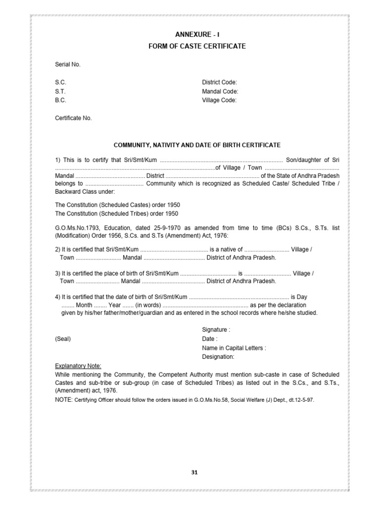 Annexure - I Form of Caste Certificate | PDF | Caste | Social Inequality