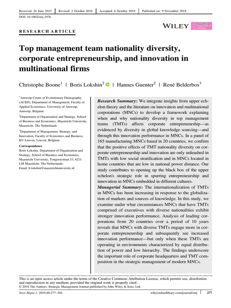 Strategic Management Journal - 2018 - Boone - Top Management Team Nationality Diversity ...