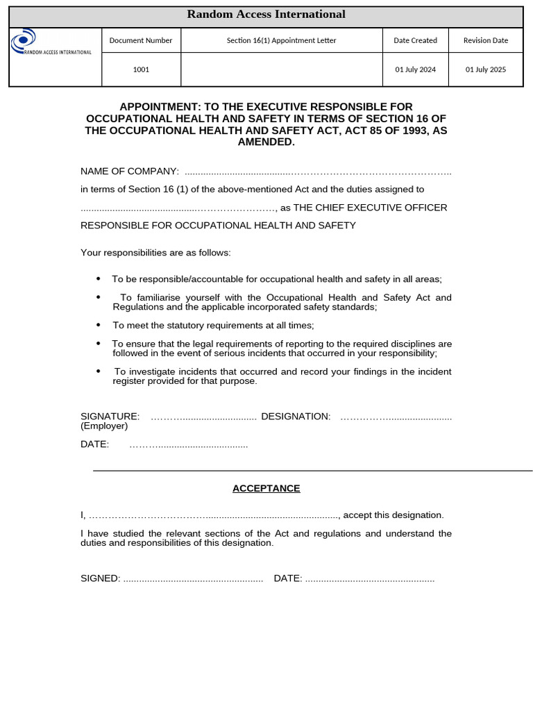 Section 16.1 Appointment Letter Template | PDF