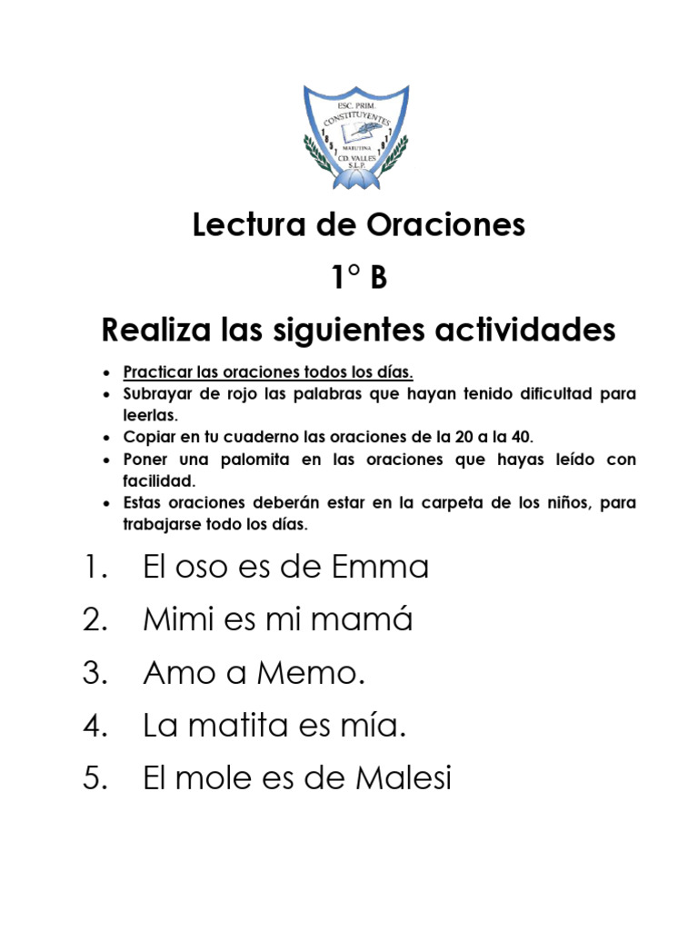 Lectura de Oraciones Tarea | PDF