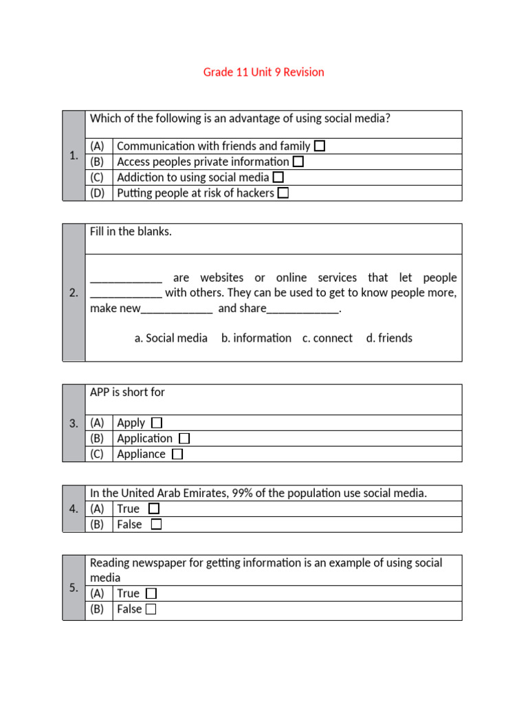 Grade 11 Unit 9 Mock Questions | PDF | Social Media | Popular Culture ...
