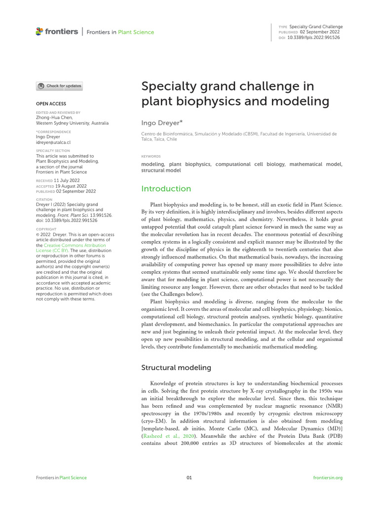 Specialty Grand Challenge in Plant Biophysics and Modeling | PDF | Proteins | Biophysics