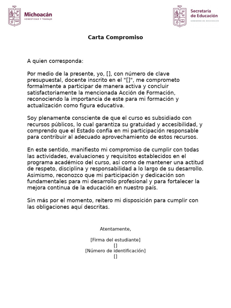 Carta Compromiso: Atentamente, (Firma Del Estudiante) (Número de ...