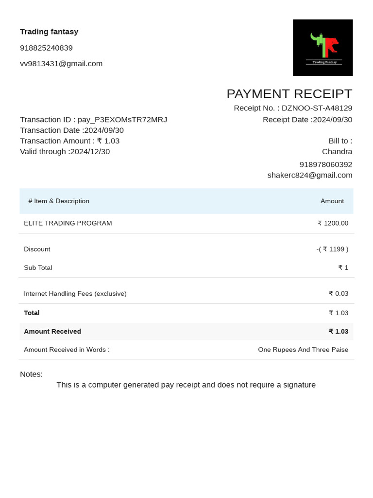 Elite Trading Program Payment Receipt | PDF