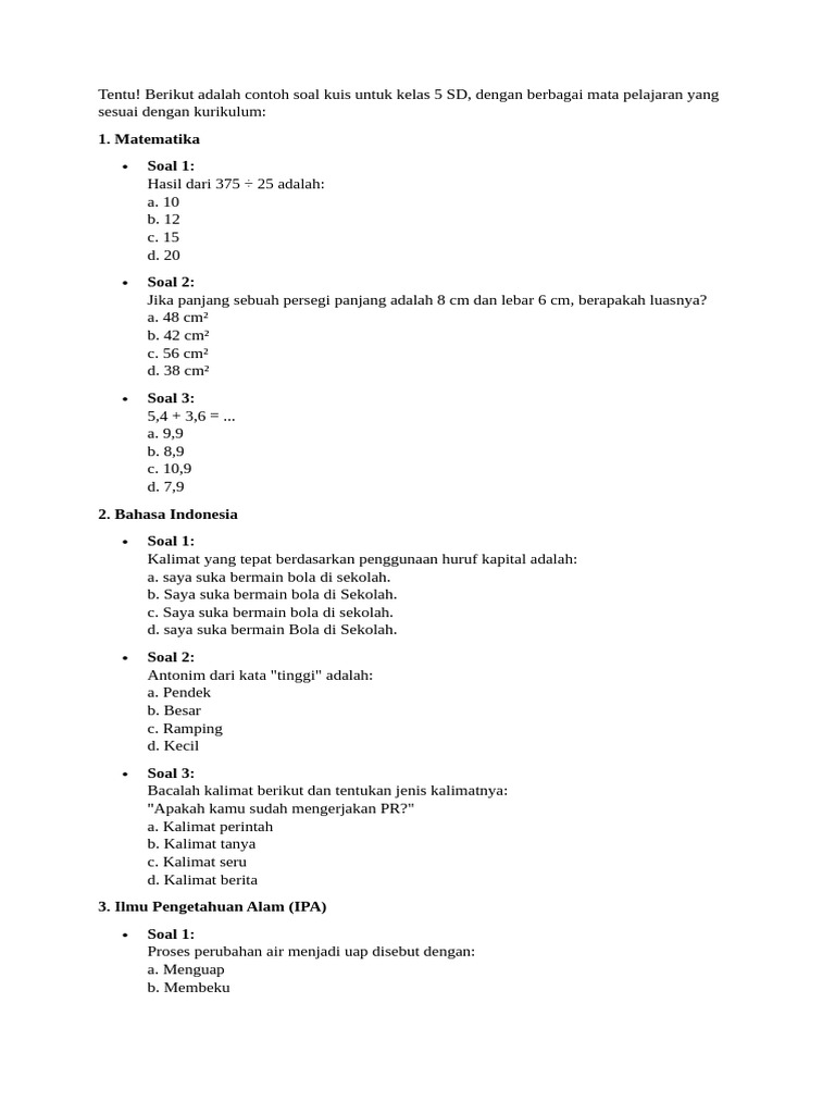 Soal Quis Kelas 5 | PDF