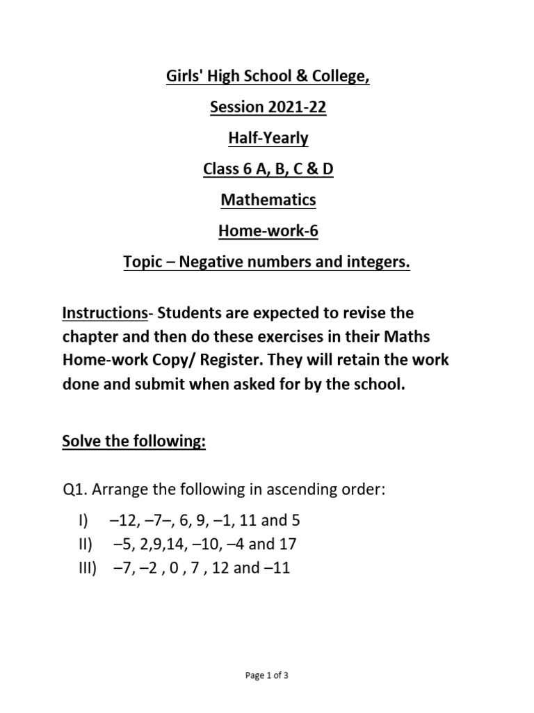CL 6 A, B, C, D MATHS HW - 6 | PDF