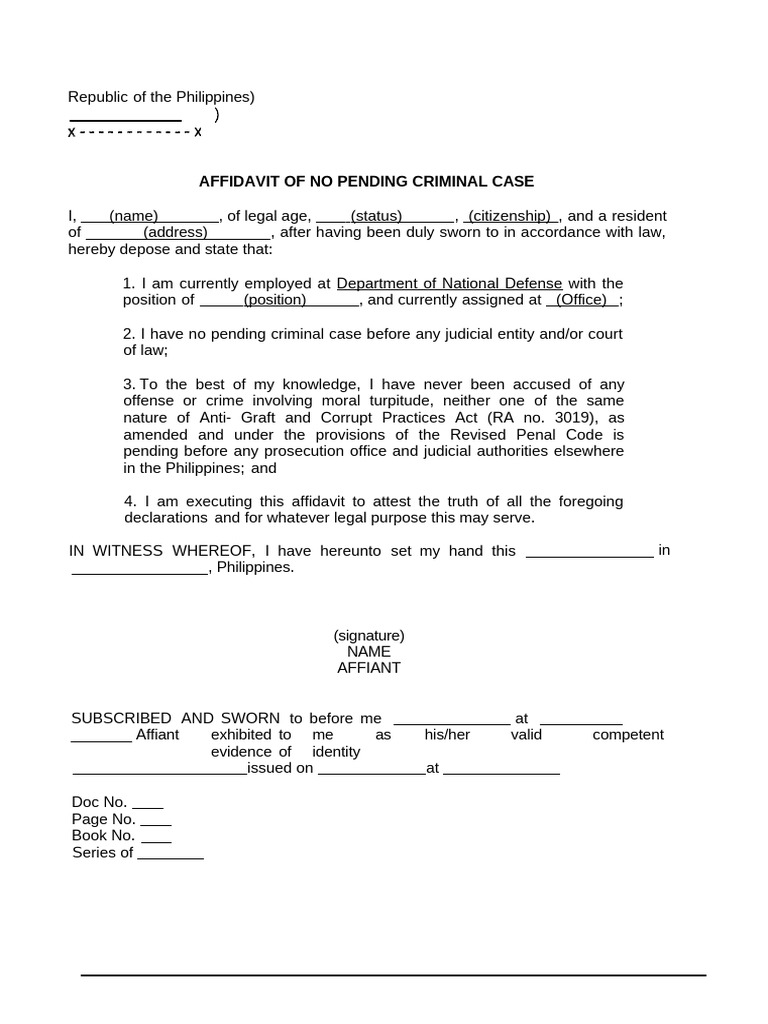 Affidavit of No Pending Criminal Case | PDF