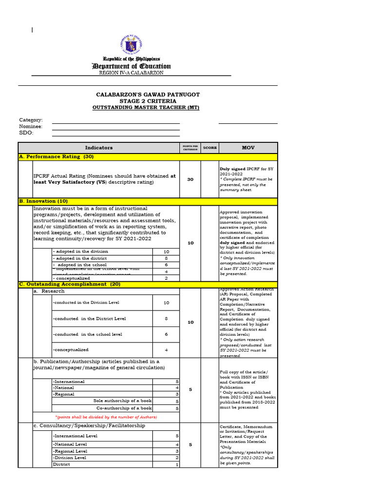 Criteria for Outstanding Master Teacher Evaluation | PDF | Mentorship
