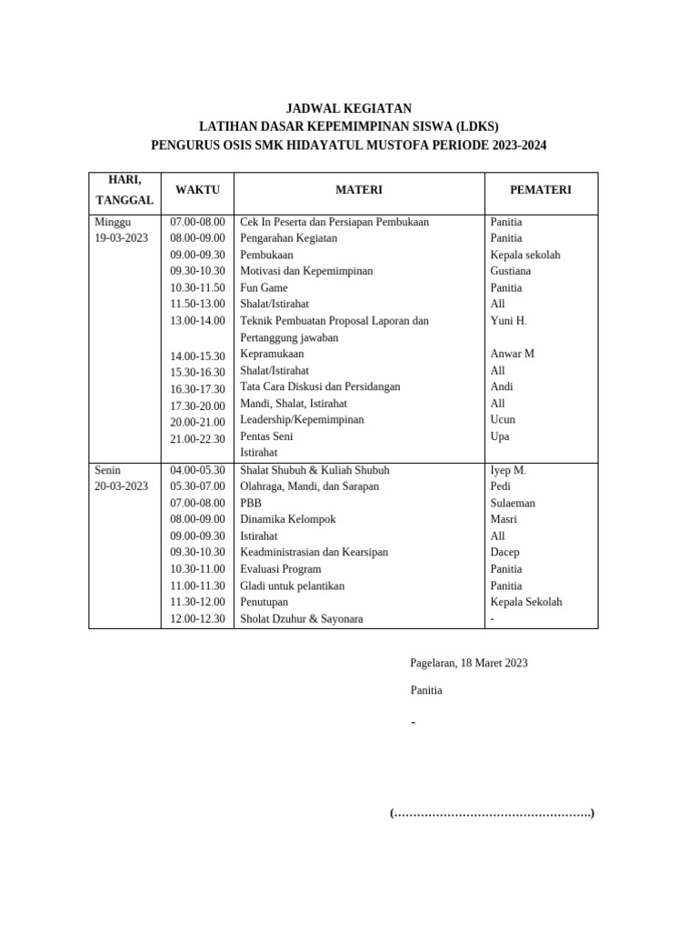 Jadwal Kegiatan LDKS 2023 | PDF