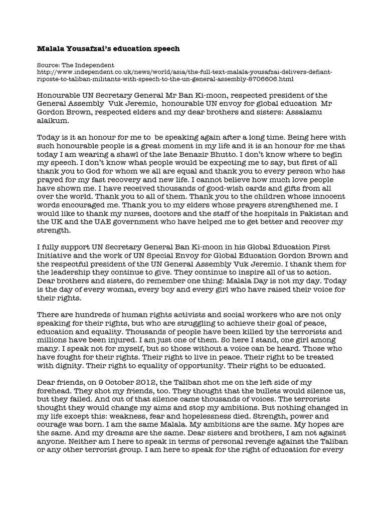 Malala y Education Speech | PDF | Malala Yousafzai