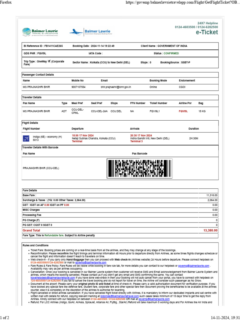 FlightTicket Ccu-Del Prajna | PDF | Transport | Airlines